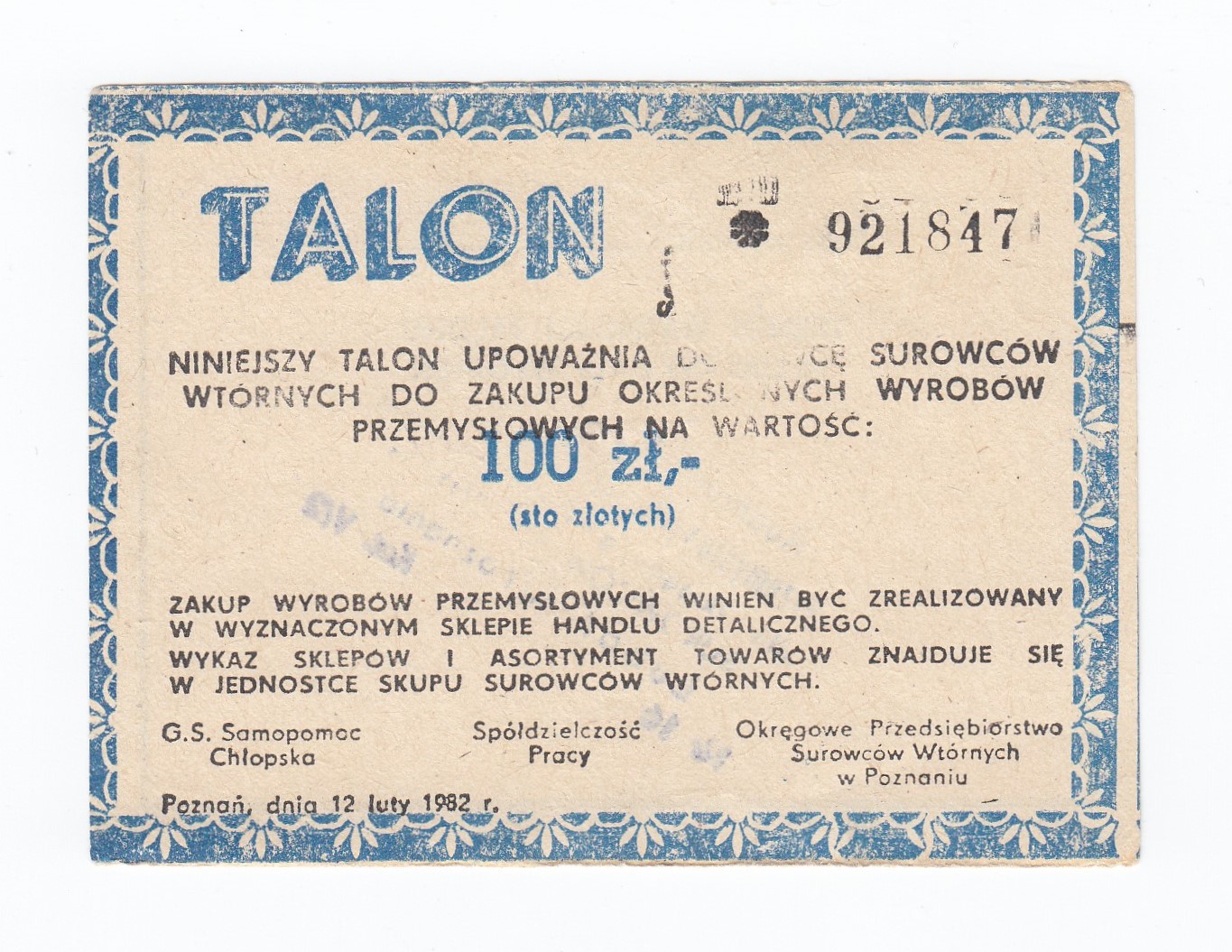 PRL, talon na kwotę 100 zł, CIEKAWOSTKA, rzadki - 7123399044 ...