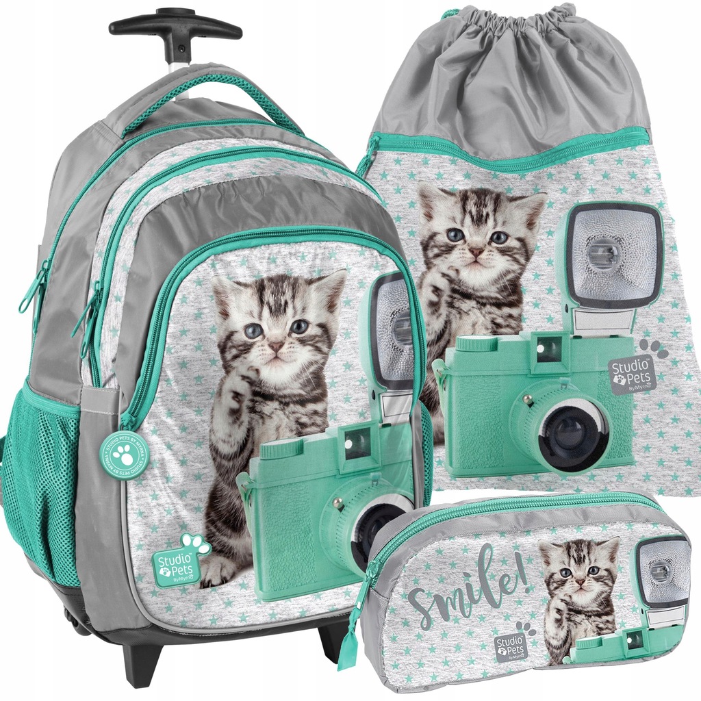 PLECAK SZKOLNY NA KÓŁKACH Z KOTKIEM KOTEM ZESTAW - 7458614655 - oficjalne archiwum Allegro